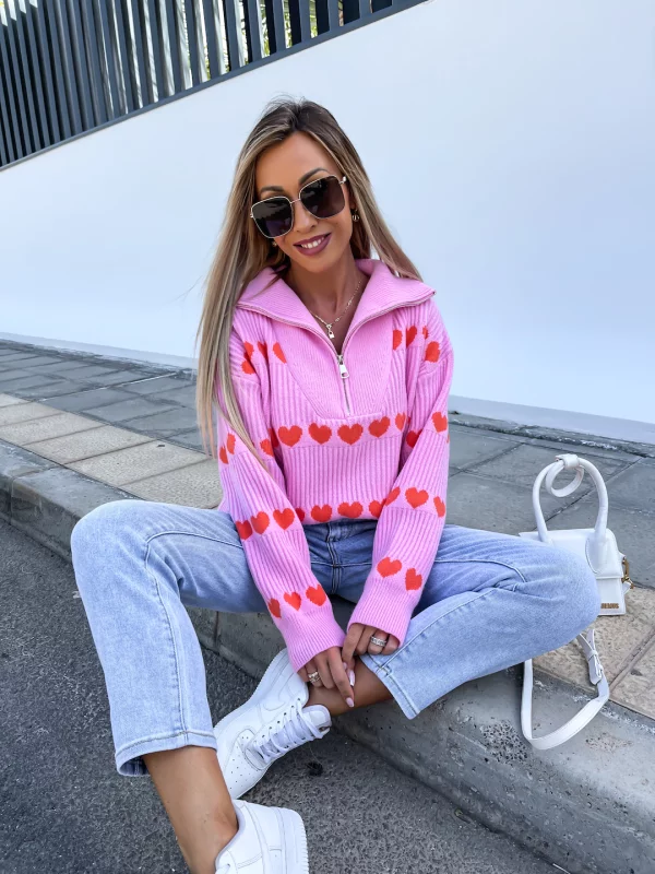 SWETER CUTE HEARTS PINK | Ubrania, obuwie oraz dodatki dla kobiet